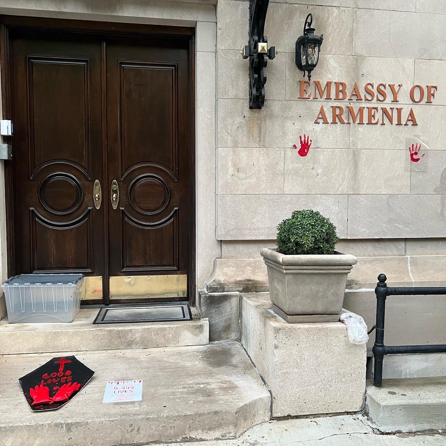 Chapter members laid out bloody model hands in front of the Armenian ...
