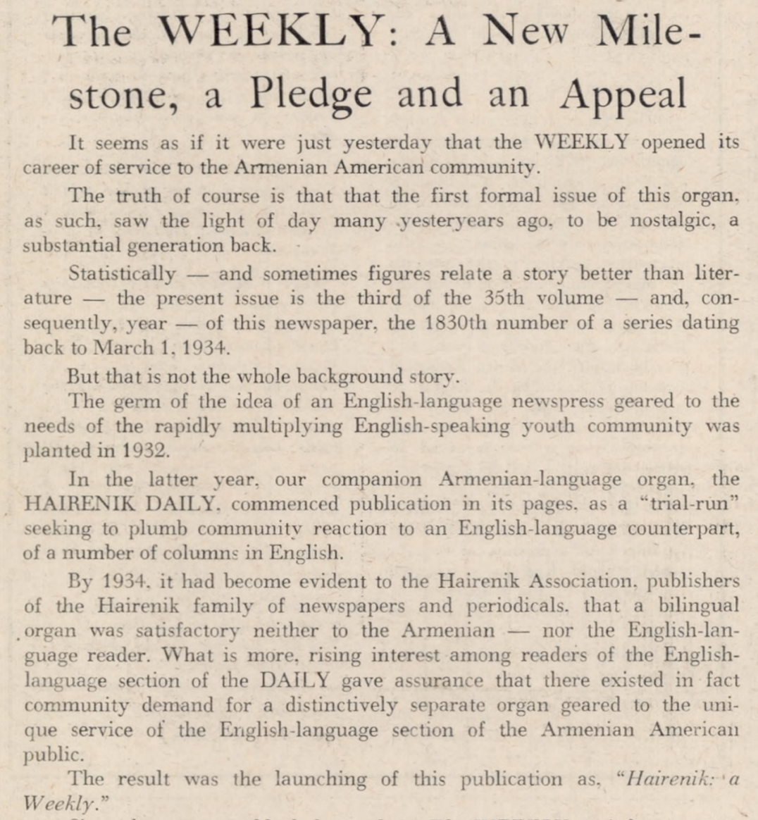 #20 explanation of hairenik weekly - The Armenian Weekly